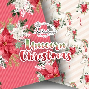 Cute Unicorn Christmas Digital Paper Pack 6"x6", Christmas Bouquet ...