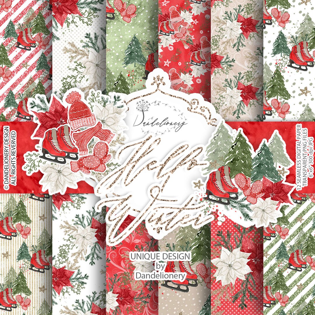 Hello Winter Digital Paper Pack, Christmas Tree, Poinsettia, Christmas ...