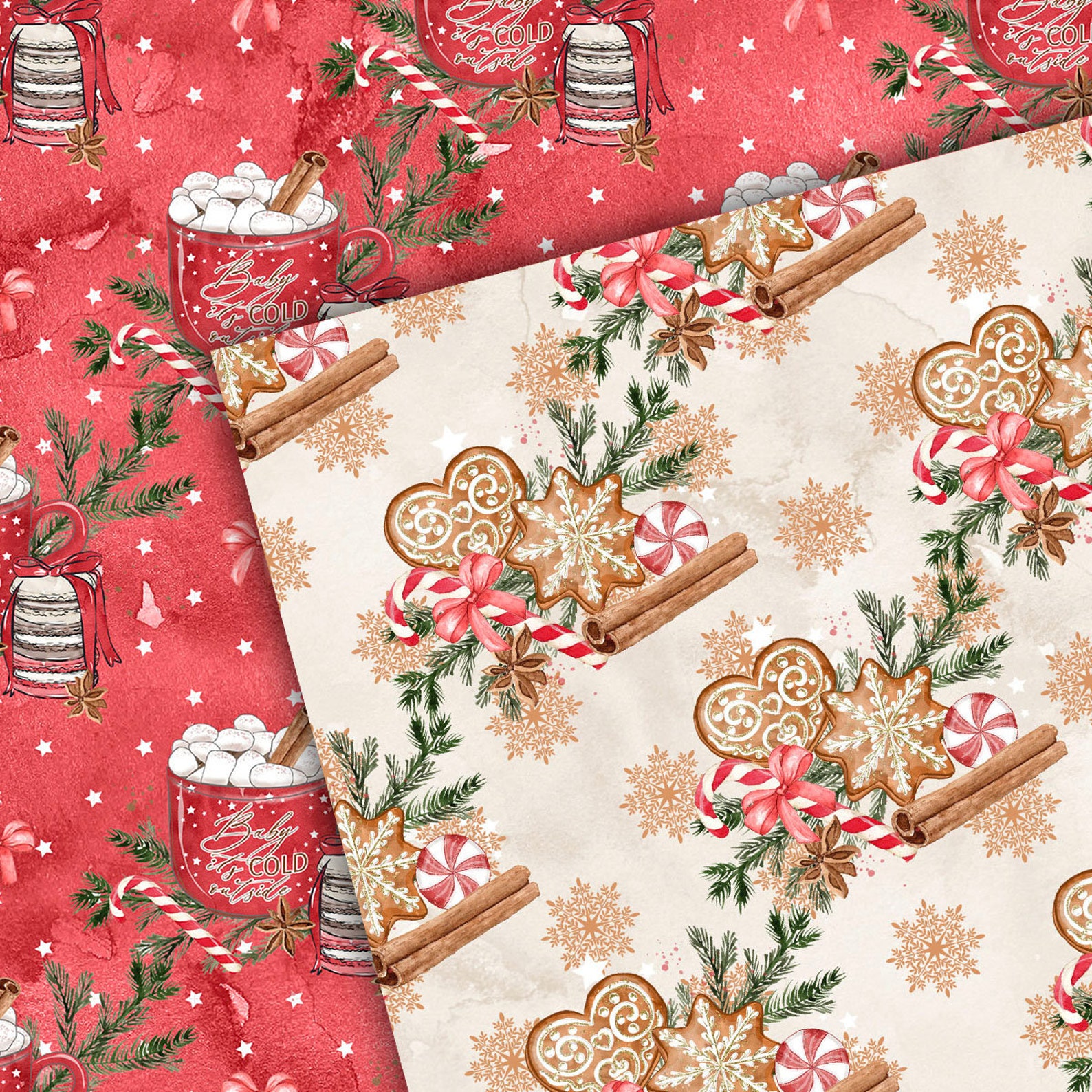 Gingerbread Watercolor Digital Paper Pack, Christmas Pattern, Cute ...
