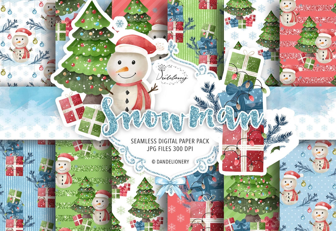 Happy Christmas Snowman Digital Paper Pack, Christmas, Branches ...