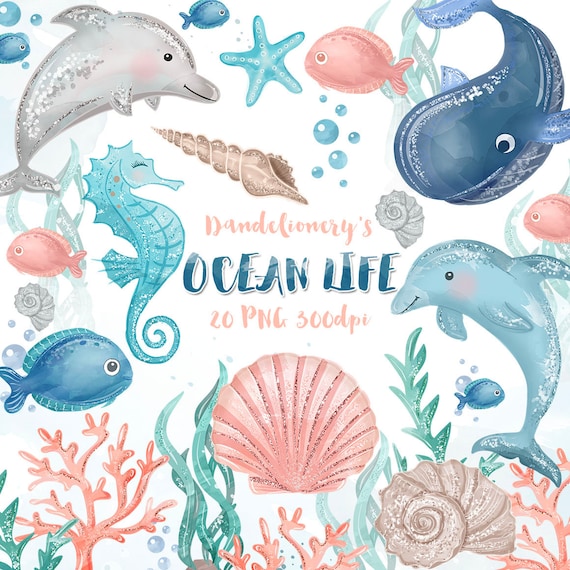 Sea ocean underwater life clipart Dolphin whale jellyfish sealion ...