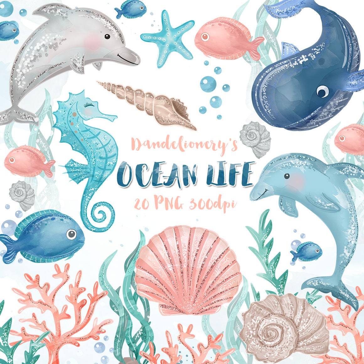 Watercolor Ocean Life Clipart Sea Animals Download Instant - Etsy