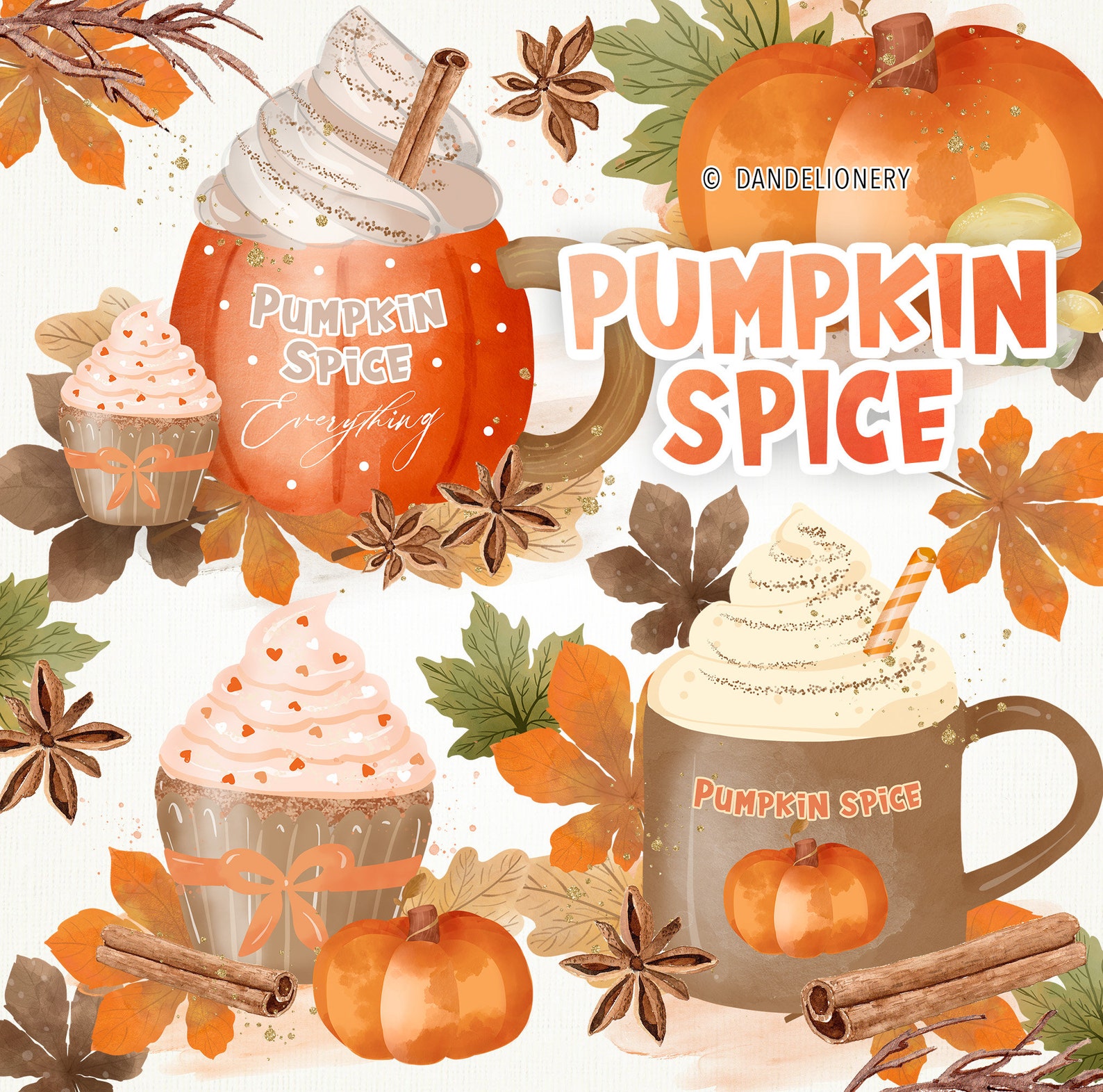 Watercolor Pumpkin Spice Design Cute Pumpkin Spice Clipart - Etsy