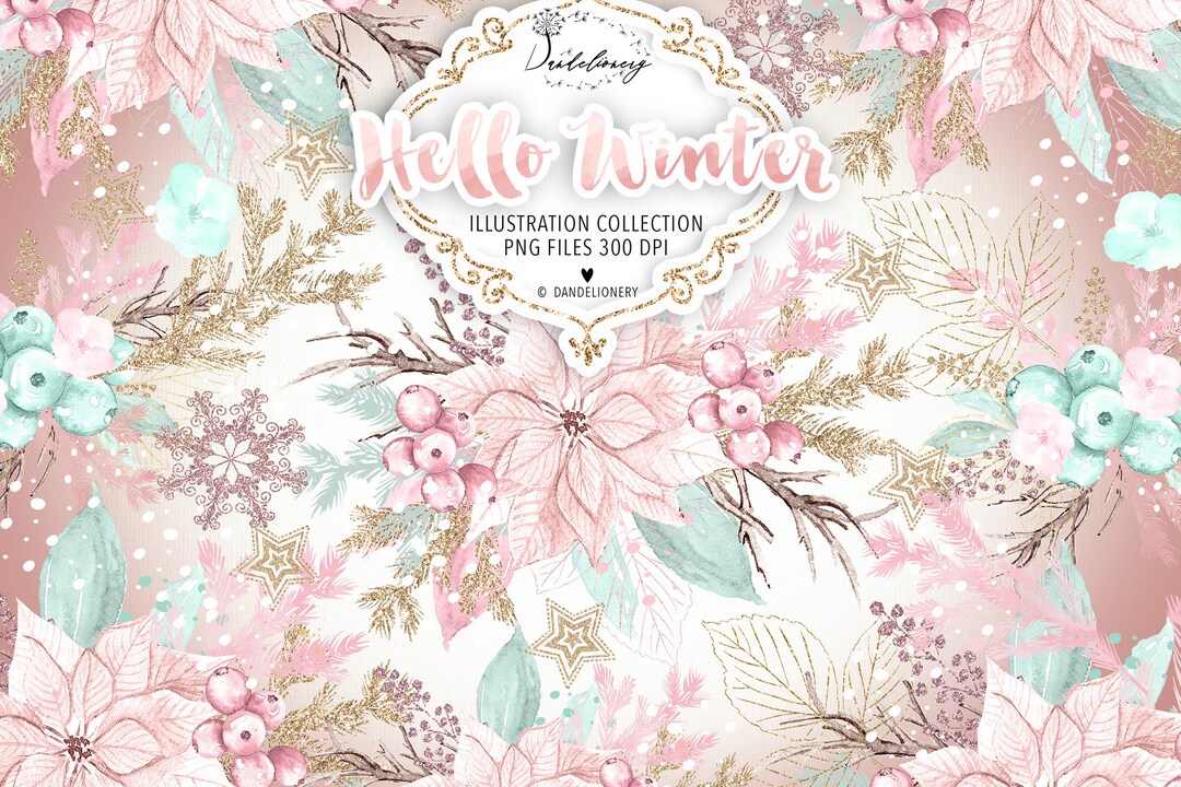 Watercolor Hello Winter Pink Design, Christmas, Branches, Christmas ...