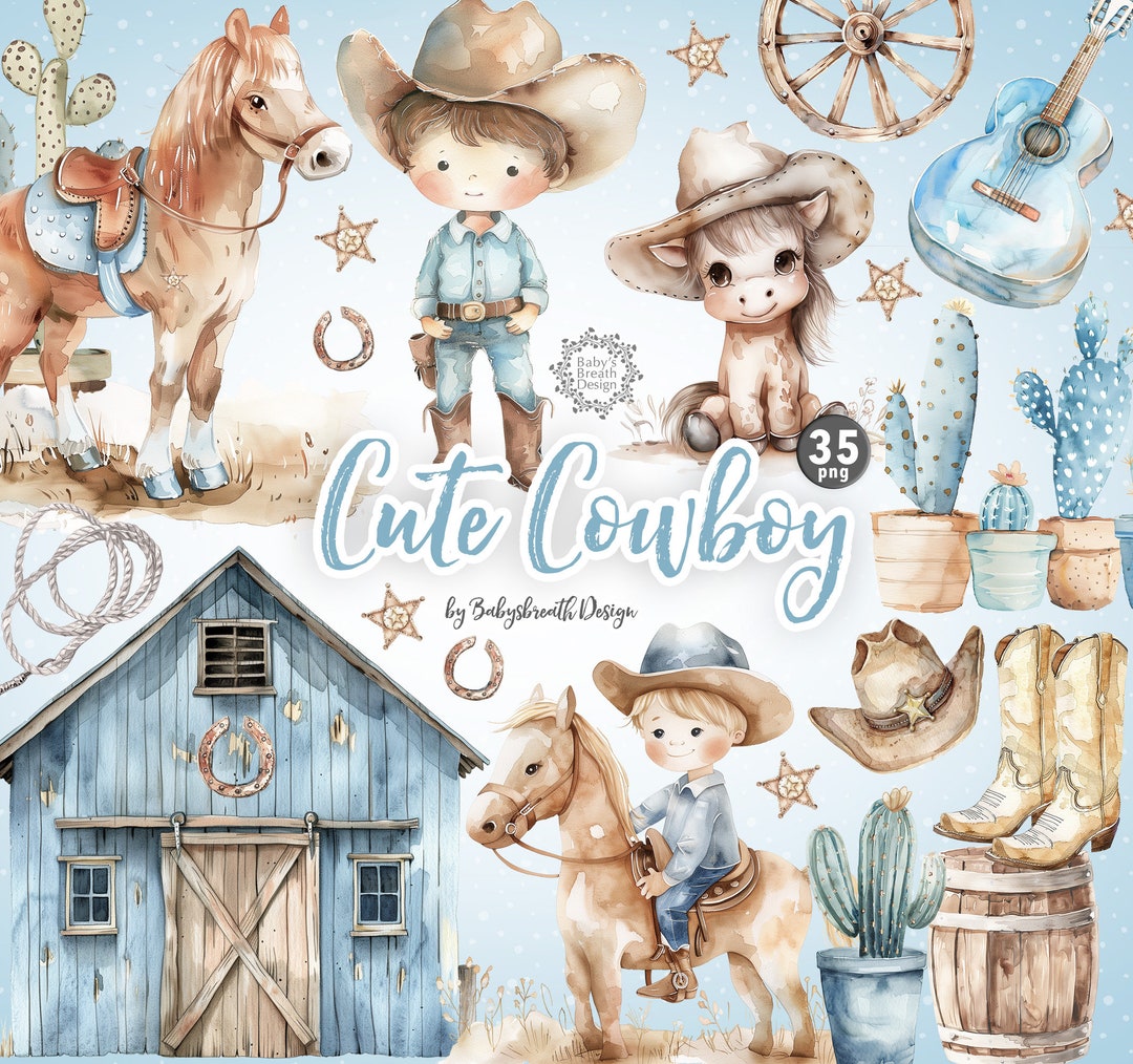 Watercolor Cute Cowboy Clipart, Baby Cowboy PNG Bundle, Wild West ...
