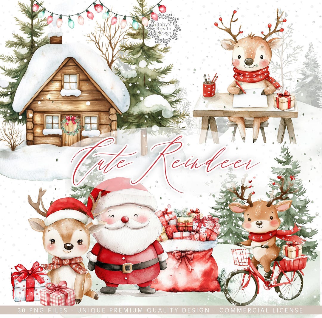 Watercolor Cute Reindeer Clipart Bundle, Santas Reindeer Png, Christmas ...