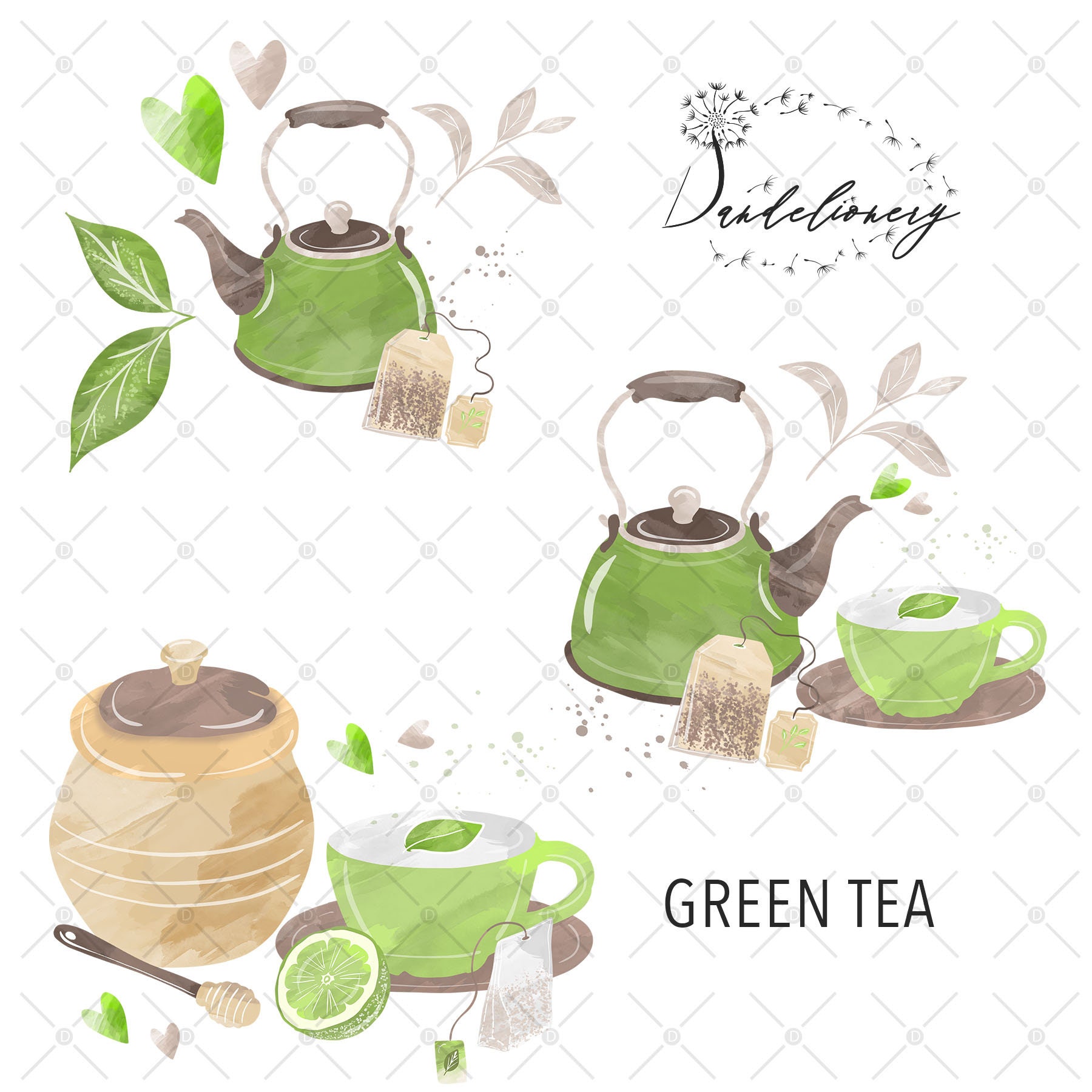 Watercolor Green Tea Design Leaves Tea Clip Art Tea Whisk | Etsy