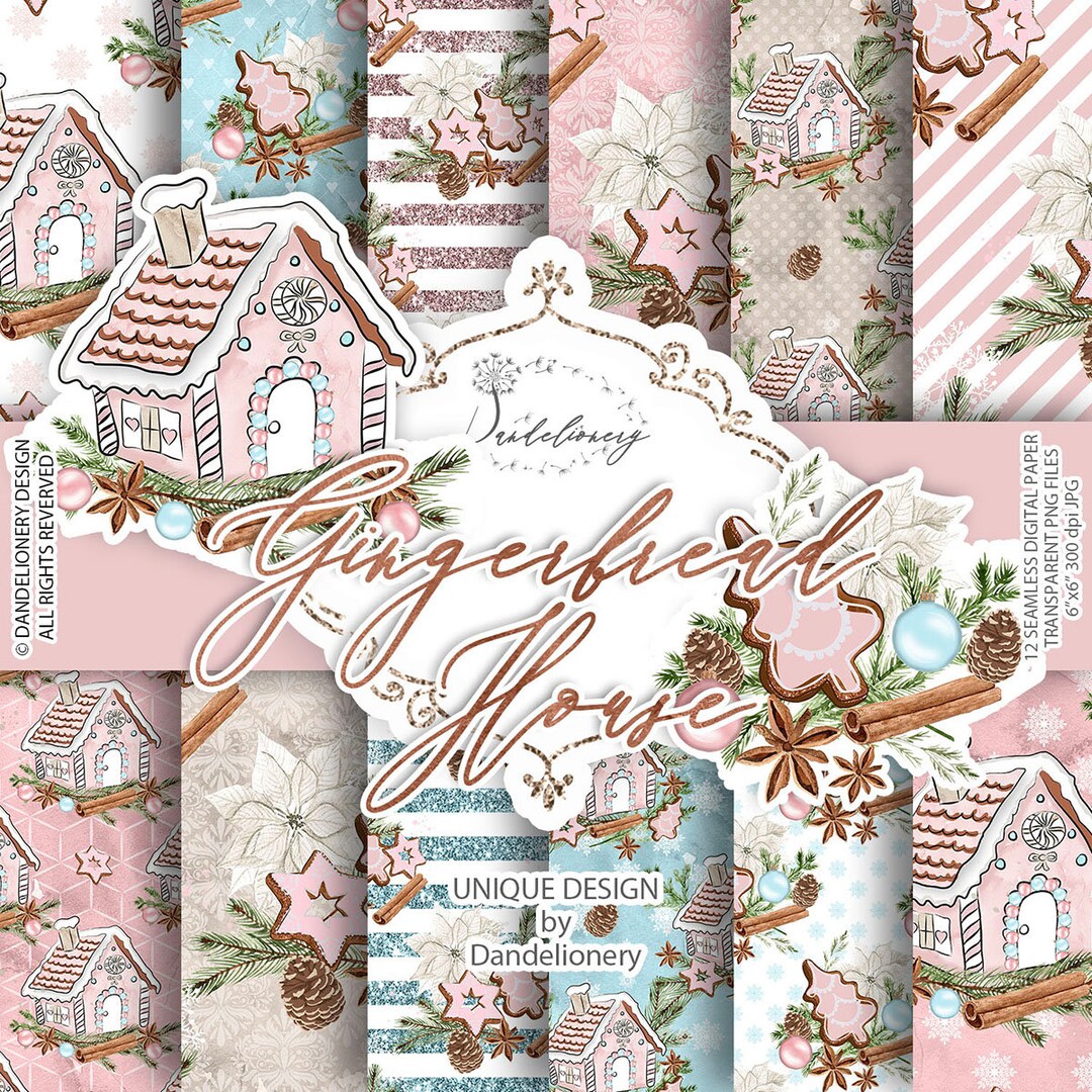 Gingerbread House Digital Paper Pack, Cinnamon, Poinsettia, Christmas ...