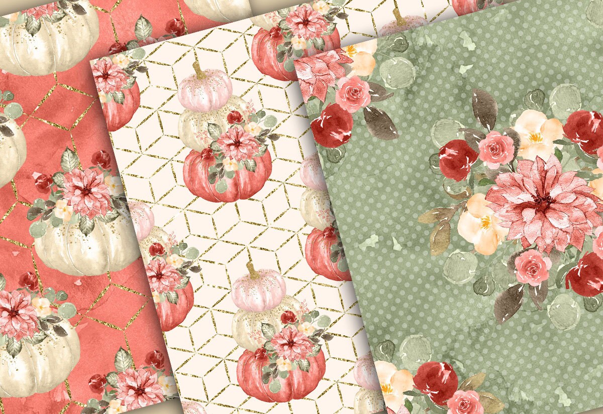 Floral Pumpkin Digital Paper Pack Thanksgiving Stickers - Etsy