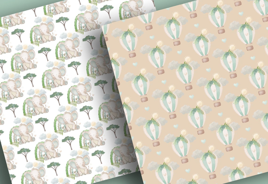 Watercolor Baby Elephant Green Digital Paper Pack Rainbows | Etsy
