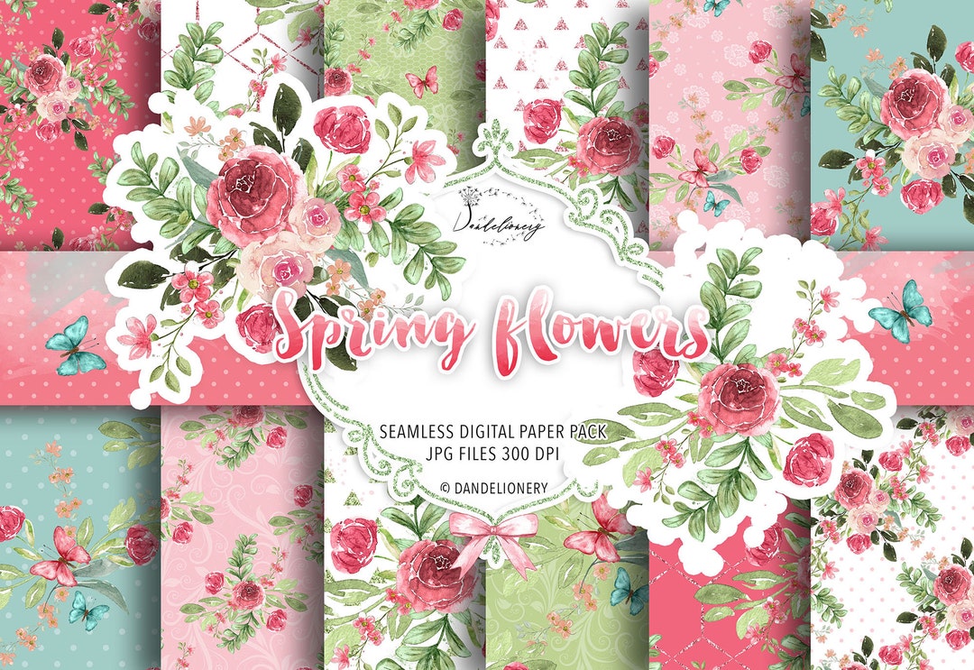 Watercolor Spring Flowers Digital Paper Pack, Garden, Flower Pattern ...