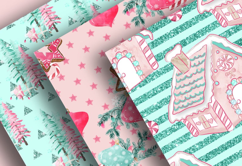 Peppermint Christmas Digital Paper Pack Cute Poinsettia - Etsy
