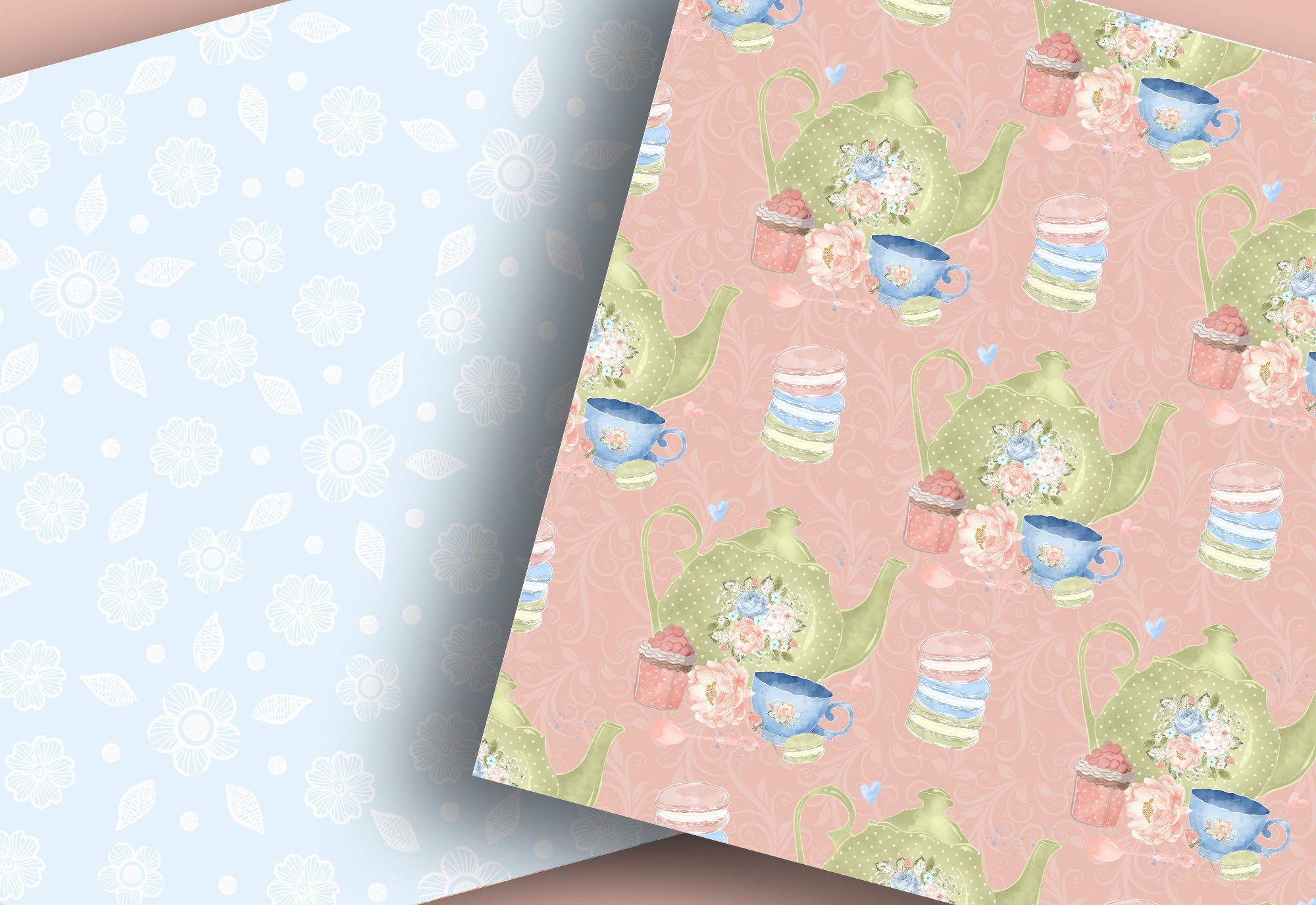 Watercolor Tea Time Party Digital Paper Pack, Tea Pattern, Macaron ...
