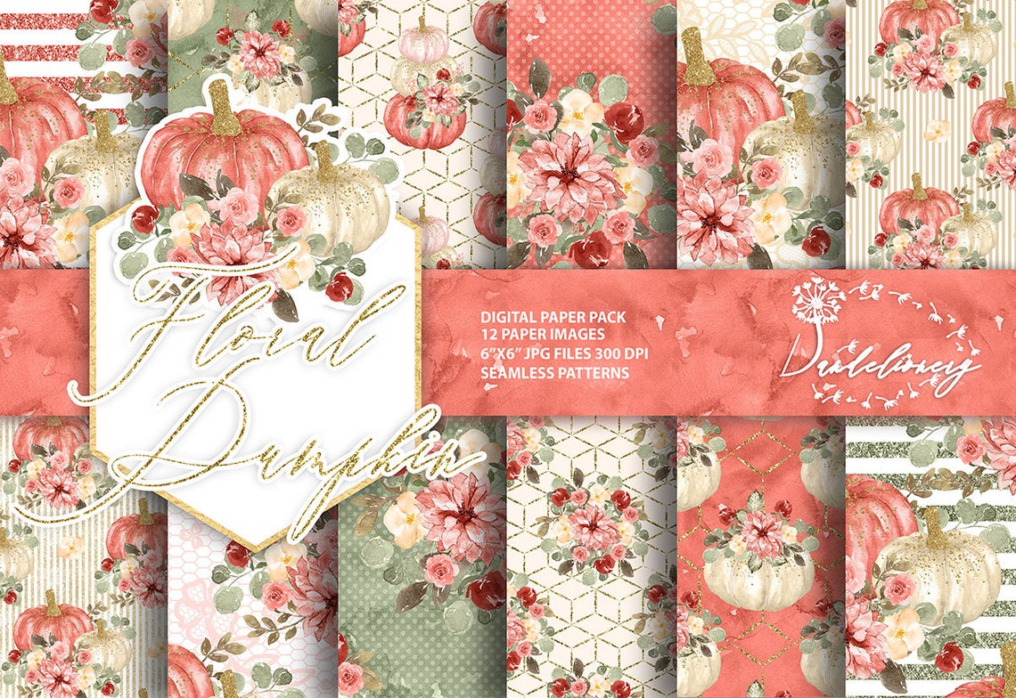 Floral Pumpkin Digital Paper Pack Thanksgiving Stickers - Etsy