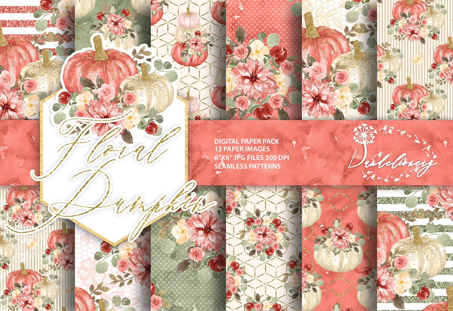 Floral Pumpkin Digital Paper Pack Thanksgiving Stickers - Etsy