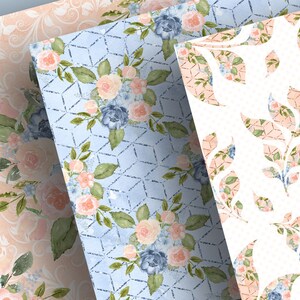 Watercolor Blue Peach Digital Paper Pack, Garden, Flower Pattern, Hand ...