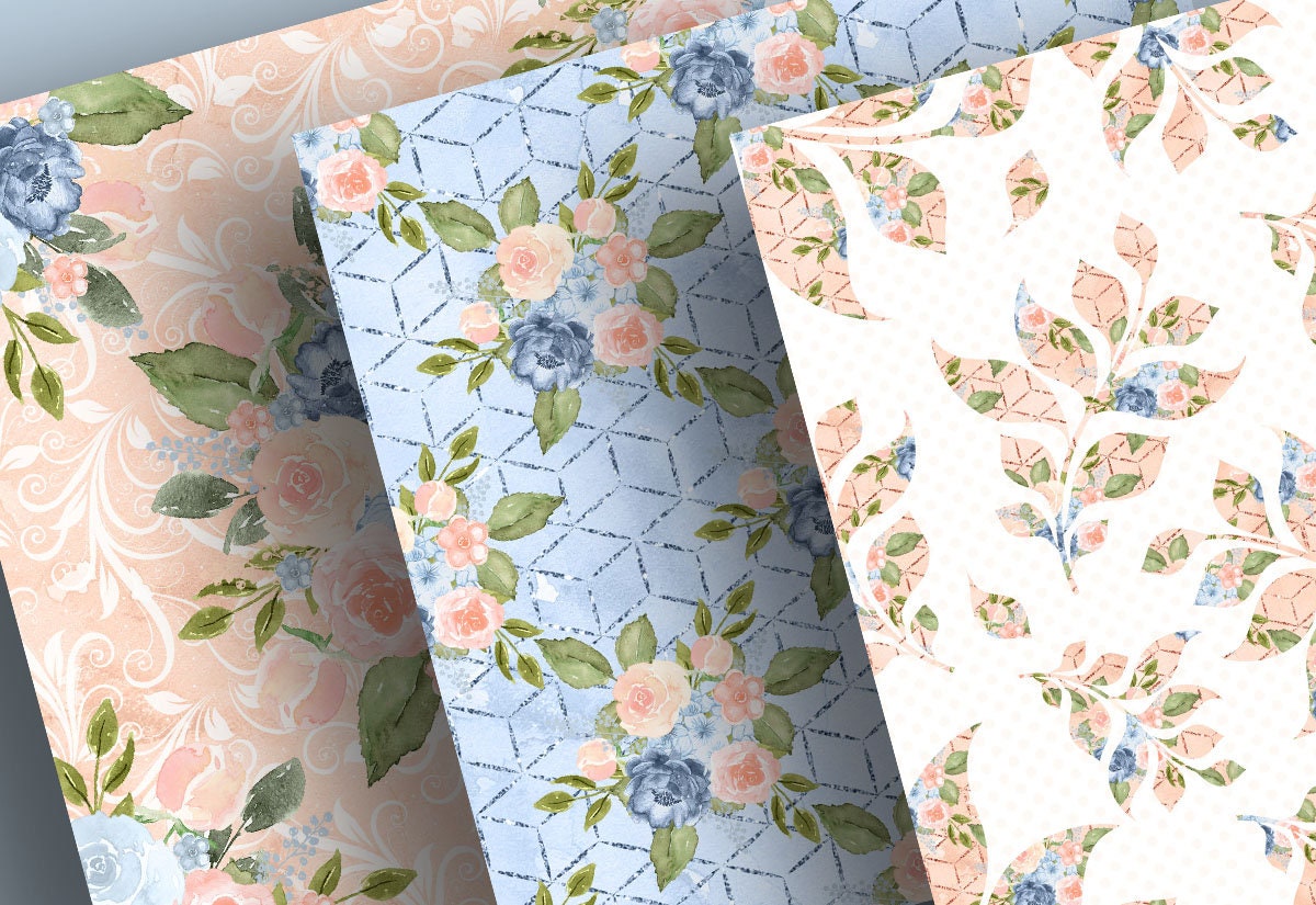 Watercolor Blue Peach Digital Paper Pack Garden Flower - Etsy