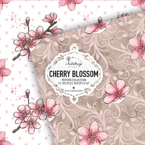 Cherry Blossom Digital Paper Pack, Garden, Flower Pattern, Hand Drawn ...