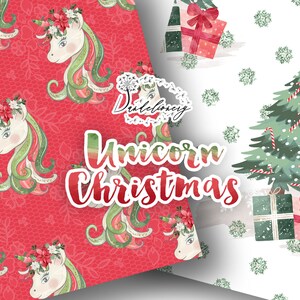 Cute Unicorn Christmas Digital Paper Pack 6"x6", Christmas Bouquet ...