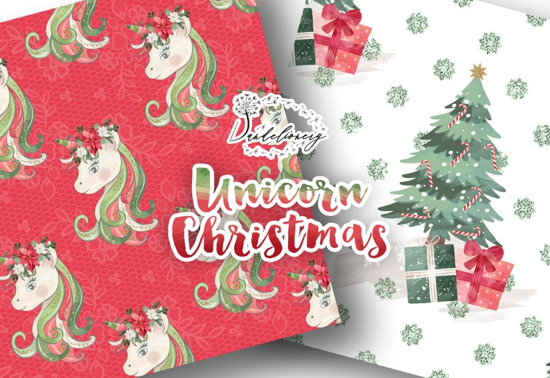 Cute Unicorn Christmas Digital Paper Pack 6"x6", Christmas Bouquet ...