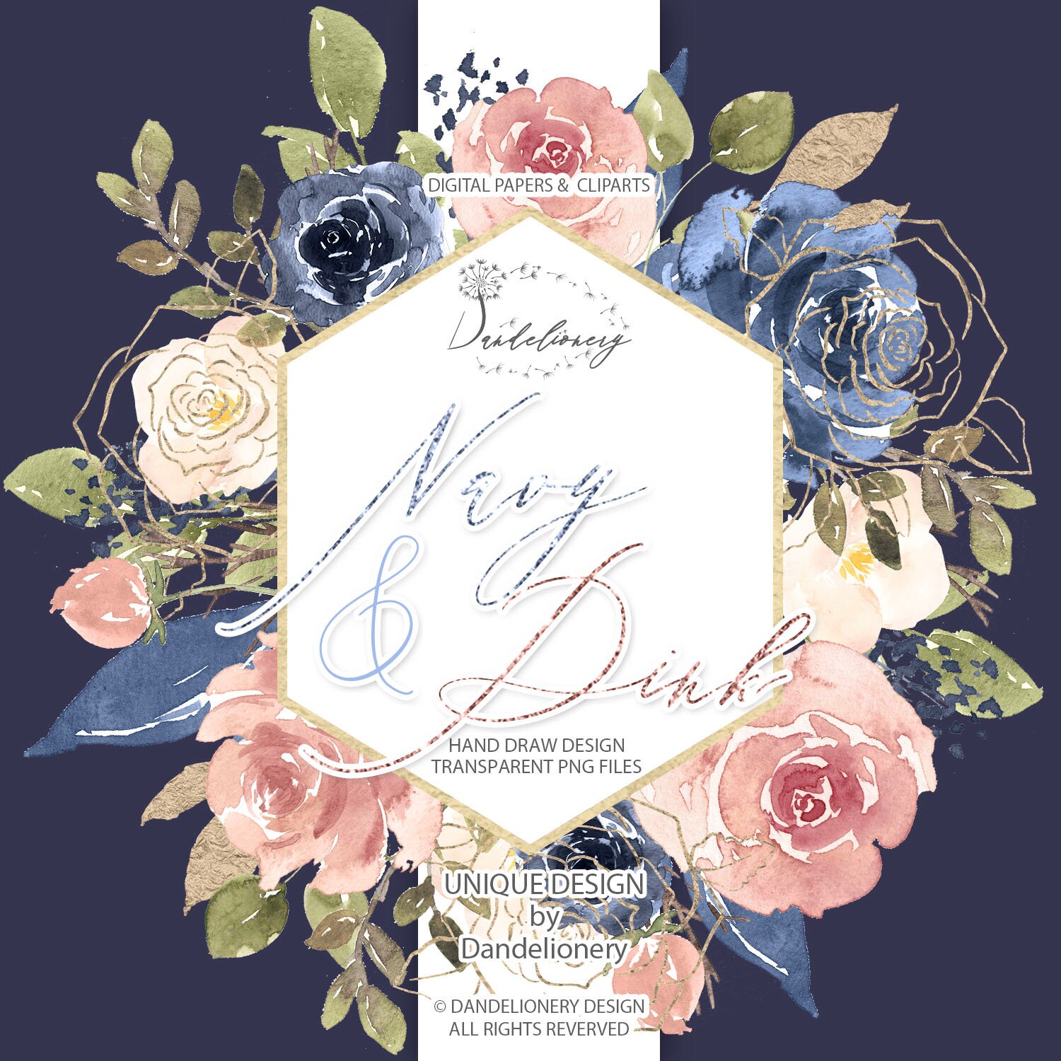 Watercolor Navy and Pink Design Garden Flower Clip Art Hand - Etsy