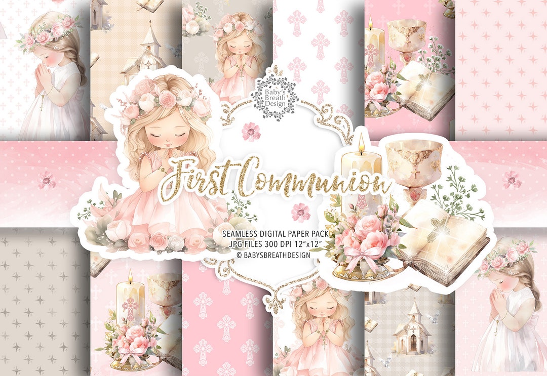 Watercolor Gold First Communion Digital Paper, Watercolor Pattern First ...