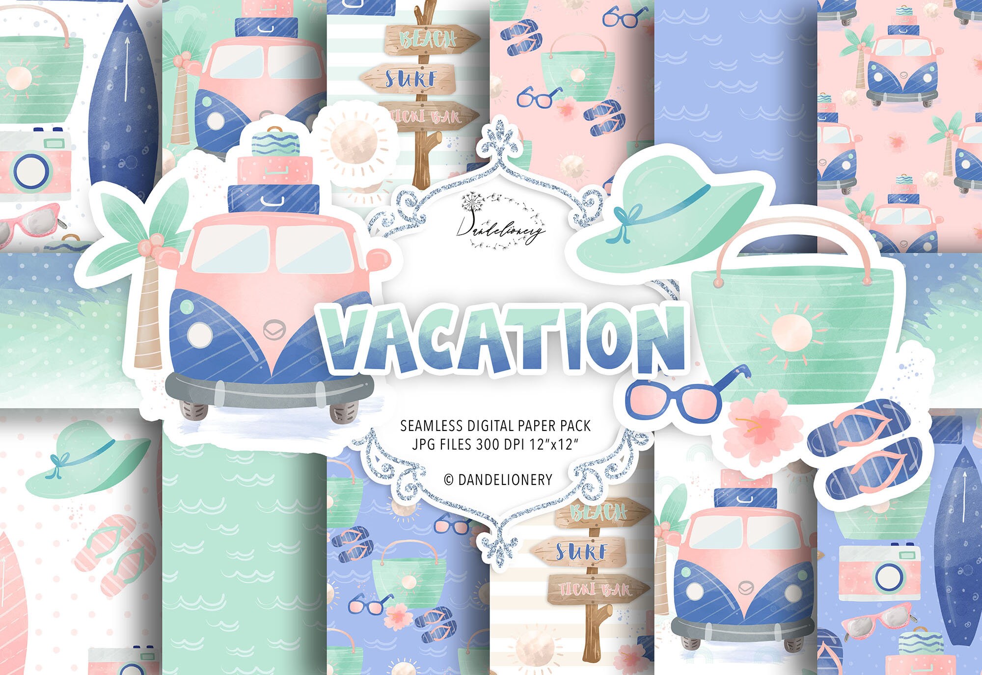 Watercolor Vacation Beach Digital Paper Pack Surf Retro Car - Etsy