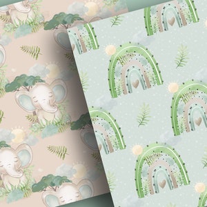Watercolor Baby Elephant Green Digital Paper Pack, Rainbows Digital ...