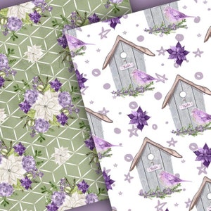 Purple Winter Digital Paper Pack, Cute Bird, Poinsettia, Christmas ...