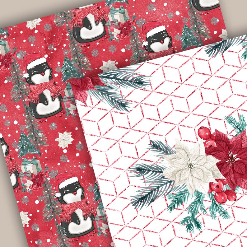 Penguin Winter Digital Paper Pack Christmas Tree Poinsettia - Etsy