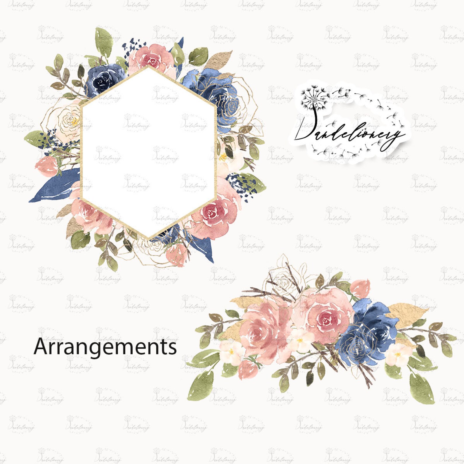 Watercolor Navy and Pink Design Garden Flower Clip Art Hand - Etsy