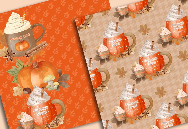 Watercolor Pumpkin Spice Digital Paper Pack, Cute Pumpkin Spice Pattern ...