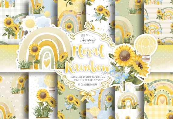 Watercolor Floral Rainbow Sunflower Digital Paper Pack | Etsy