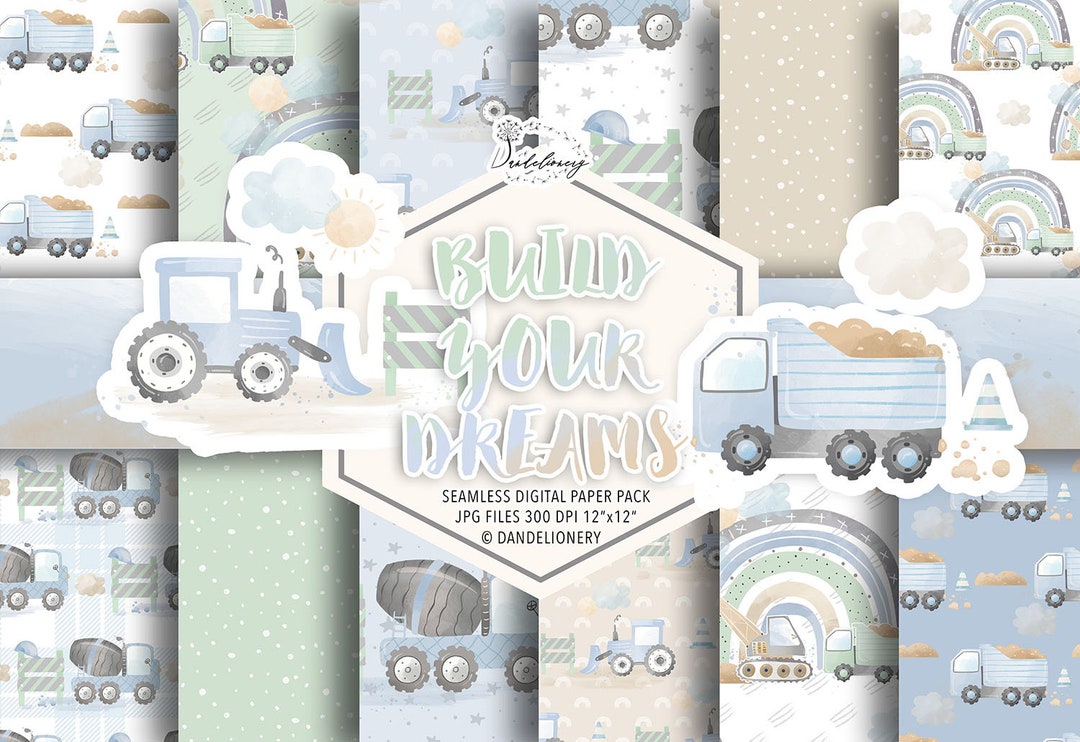 Watercolor Construction Diggers Digital Paper Pack, Boy Pattern ...