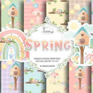 Watercolor Cute Spring Digital Paper Pack, Nursery Pattern, Sun, Bird ...