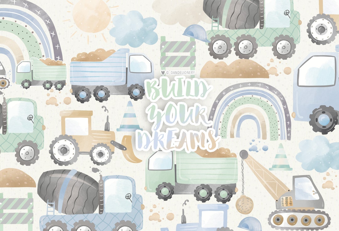 Watercolor Construction Diggers Clipart, Boy Clipart, Nursery, Small ...