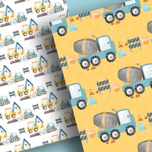 Watercolor Construction Diggers Digital Paper Pack, Boy Pattern ...
