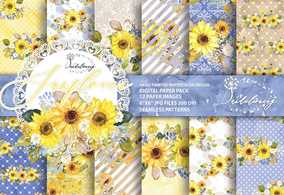 Watercolor Sunflower Digital Paper Pack, Garden Flower Pattern, Hand ...