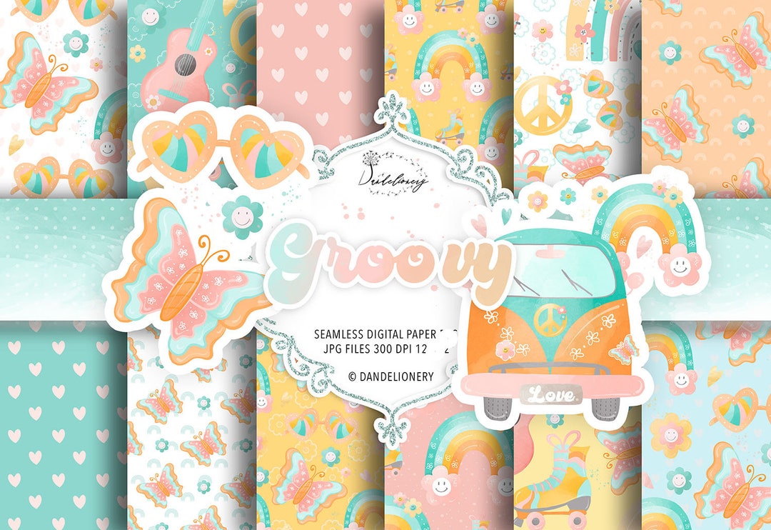 Groovy Digital Paper Pack, Retro, Rainbow, Rainbow Pattern, Hippie Car ...