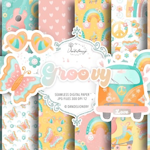 Groovy Digital Paper Pack, Retro, Rainbow, Rainbow Pattern, Hippie Car ...