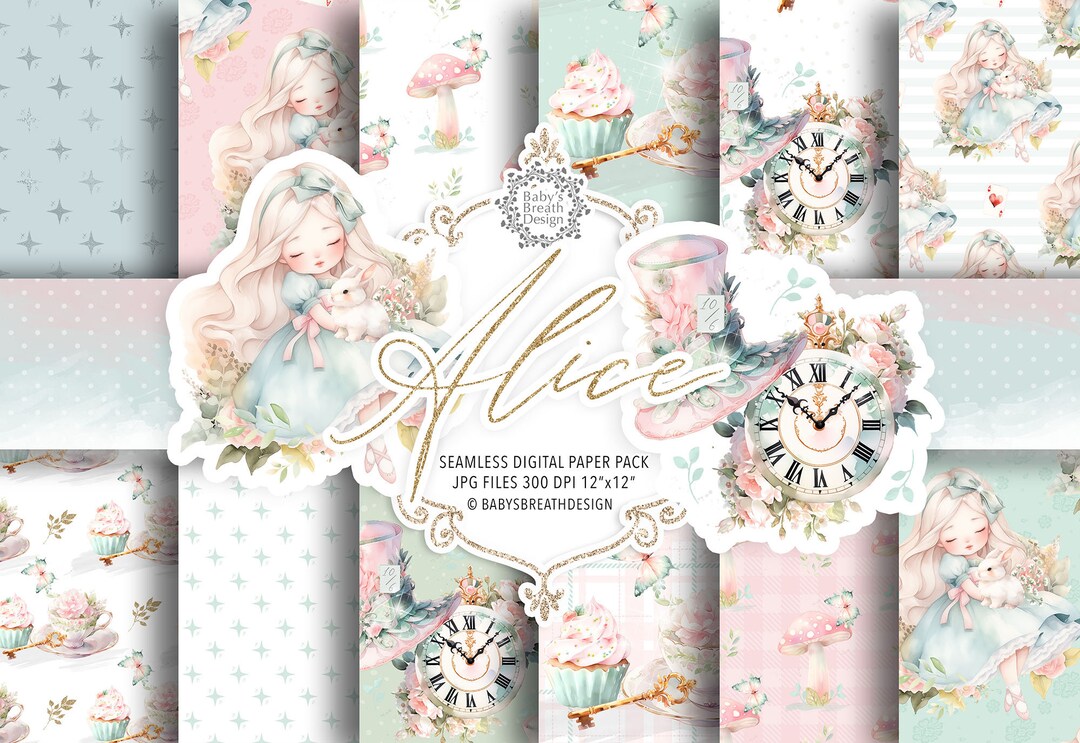 Alice in Wonderland Digital, Paper Alice Pattern, Watercolor Alice ...