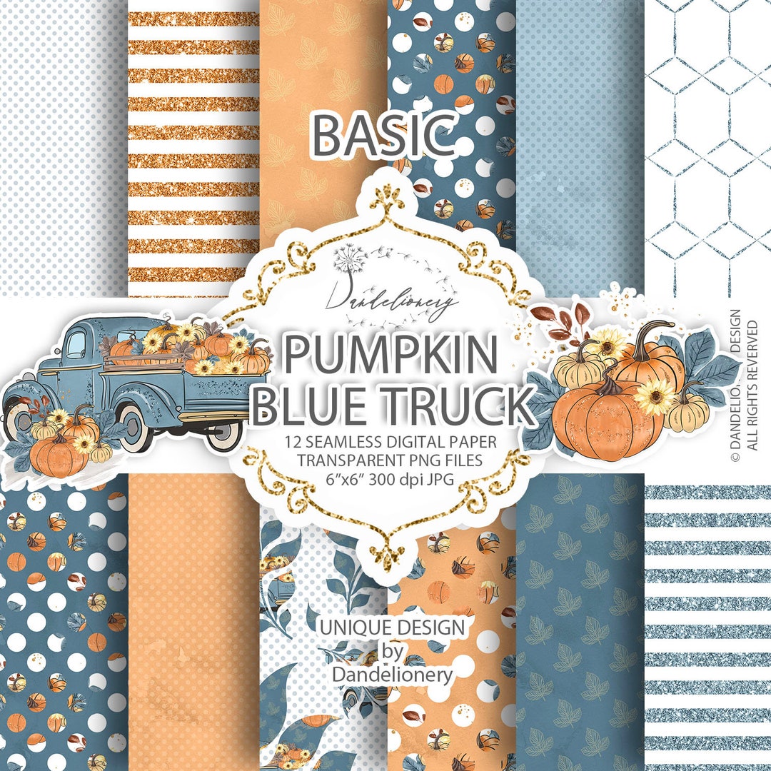 Pumpkin Truck Blue Digital Paper Pack BASIC, Thanksgiving Paper, Autumn ...