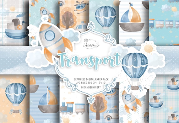 Watercolor Transport Digital Paper Pack Boy Clipart Nursery | Etsy