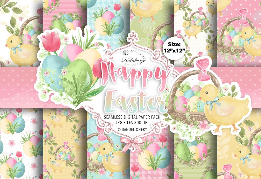 Cute Easter Digital Paper Pack, Garden, Flower Pattern, Hand Drawn Flowers, Bow, Spring, Floral ...
