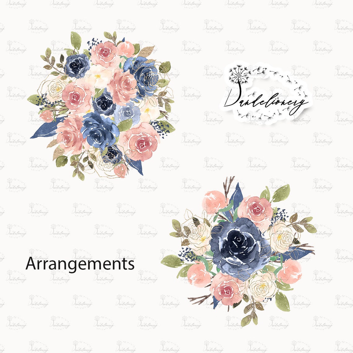 Watercolor Navy and Pink Design Garden Flower Clip Art Hand - Etsy