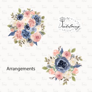 Watercolor Navy and Pink Design, Garden, Flower Clip Art, Hand Drawn ...