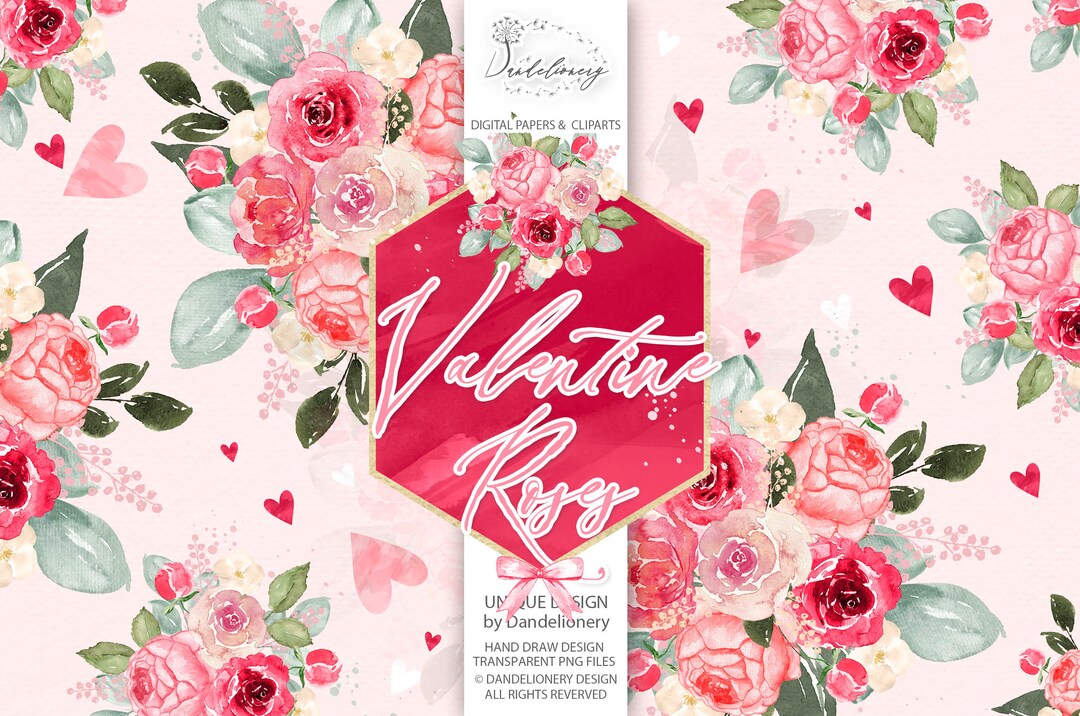 Watercolor Valentine Roses Design, Garden, Flower Clip Art, Hand Drawn ...