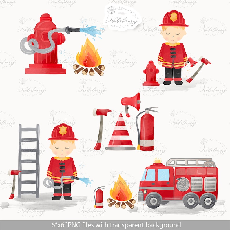 Watercolor Firefighters Clipart Fire Truck Download - Etsy