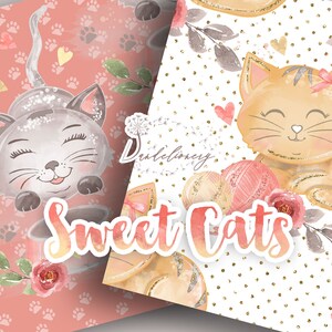 Watercolor Sweet Cats Digital Paper Pack, Cat Pattern Download, Instant ...