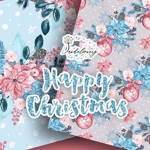 Happy Christmas Winter Blue Digital Paper Pack, Christmas, Branches ...